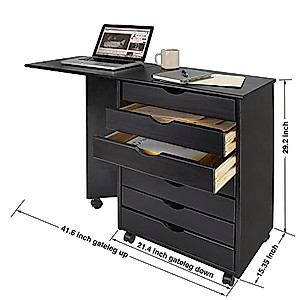 Adeptus Original Drop Leaf Roll Cart with Desk, Sold Wood, 7 Drawer Extra Wide Drawers Roll Carts, Black