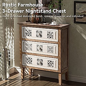 COZAYH Farmhouse 3-Drawer Accent Dresser with Print Front, Distressed Nightstand for Boho, Retro Rustic, French Country Style, Natural White 1-PACK