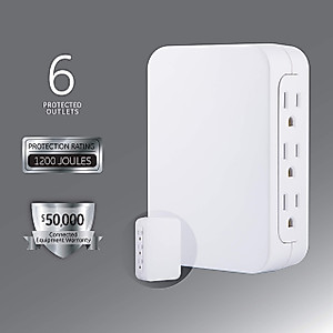 GE Pro 6 Outlet Wall Tap Surge Protector, Side Access, Power Outlet Adapter, 1200 Joules & Pro Side-Access Swivel Surge Protector, 6-Outlet Wall Tap, 3 Prong, 1200 Joules, 120V AC, 15A, 1800W, White