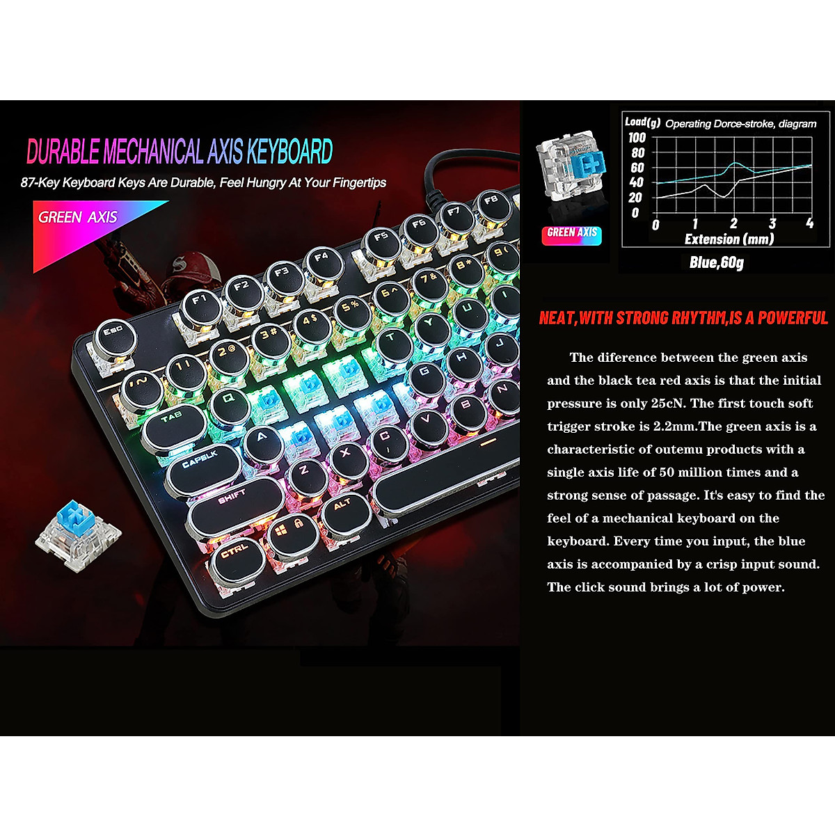Type Writer Keyboard, Typewriter-Style Steampunk Mechanical Gaming Keyboards Blue Switch with 9 True RGB Backlight Modes and 87-Key Wired Keyboard with Spill-Resistant (Round Keycaps)