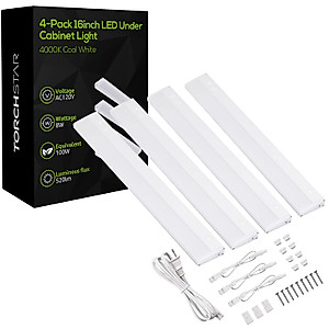 TORCHSTAR Plug in Under Cabinet Lighting, ETL Listed Linkable LED Under Cabinet Light Kit, Individual Control, 16 Inch, 4000K Cool White, 8W, Pack of 4