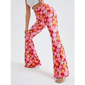 OYOANGLE Women's Floral Print High Waist Yoga Pants Wide Leg Pants Bell Bottom Trousers Orange and Pink S