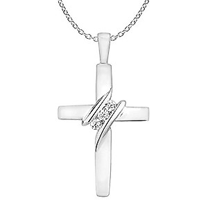 EternalDia 10k Diamond Three-Stone Cross Pendant Necklace Religious Jewelry (0.05cttw, I-J/I2-I3) 18"