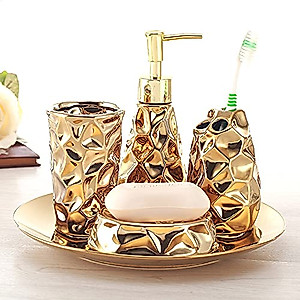 SXFYWYM Gold Bathroom Set 4 Piece Ceramic Bathroom Decoration Accessories Tooth Brush Holder Soap Dispenser Soap Box Tumbler Rinsing Cup, Countertop Vanity Organize Bathroom Accessory Set