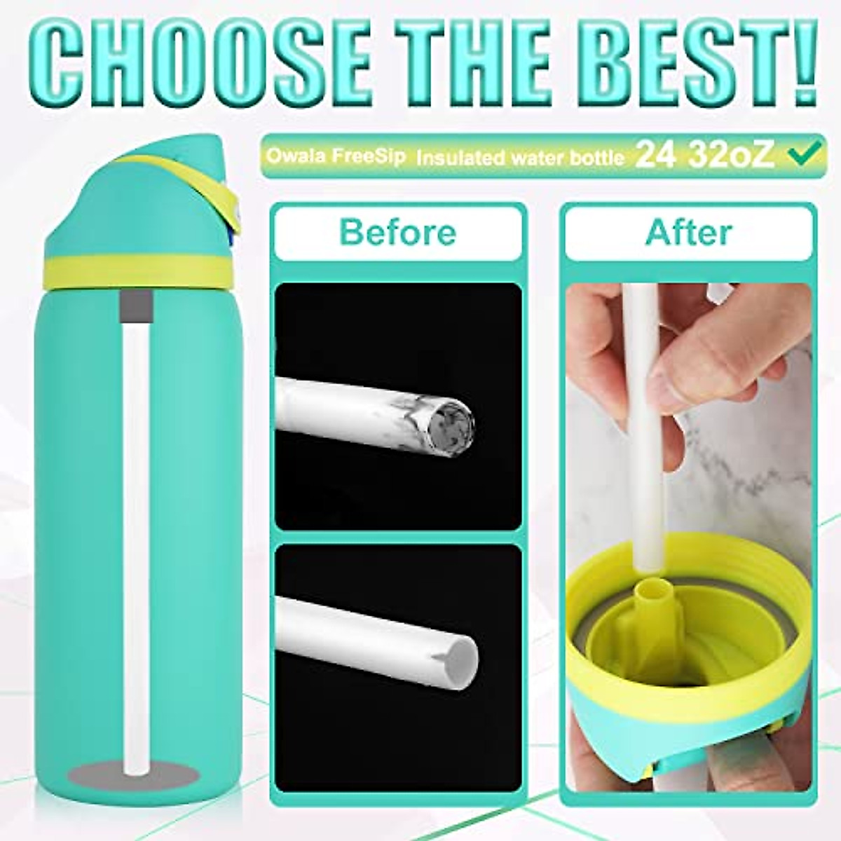 6PCS Replacement Straws for Owala Water Bottle 24 oz 32 oz, Reusable Plastic Straws with Cleaning Brush for Owala Cup 24oz 32oz Travel Tumbler Accessories Parts Straws for Sports Bottle(White)