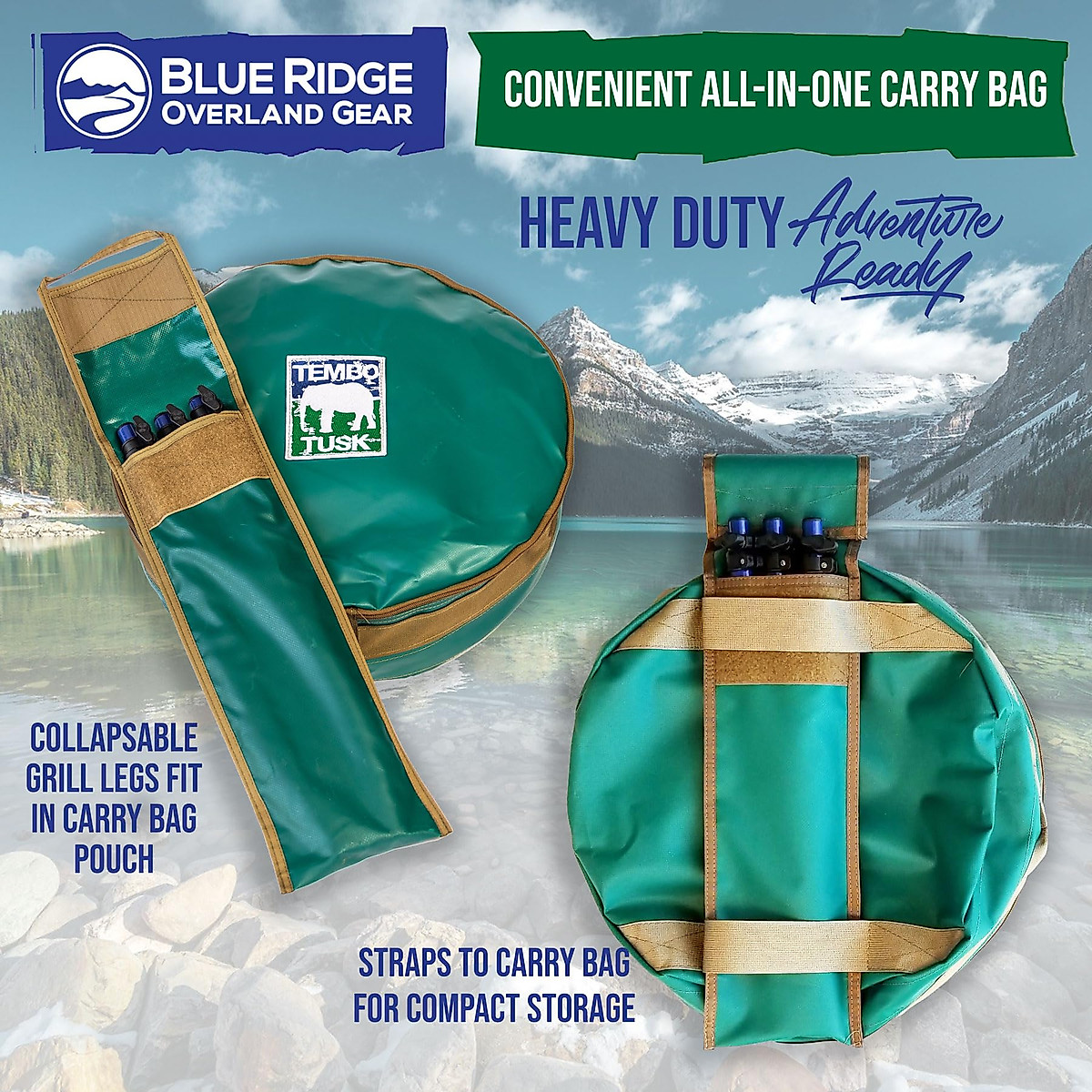 TEMBOTUSK The Original Skottle grill cooking system kit based on the South African braai pan or cowboy wok skillet style cooker, all packs in one carry bag.