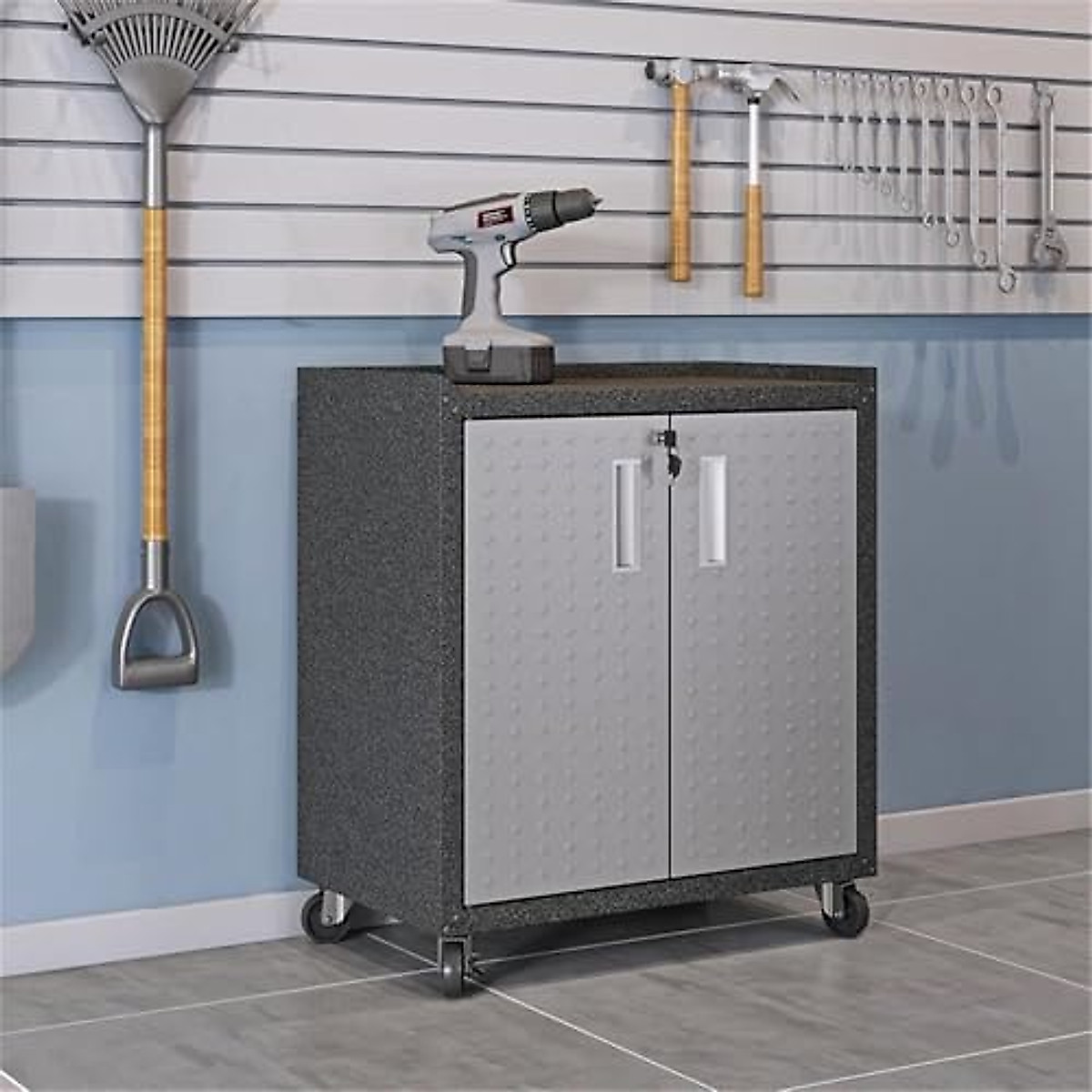 Pemberly Row Metal 2 Door Mobile Garage Storage Cabinet with Lock in Gray