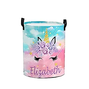 Unicorn Laundry Basket Personalized Laundry Hamper Custom with Name for Girl Rainbow Collapsible Waterproof Storage Basket with Handles (Option 15)