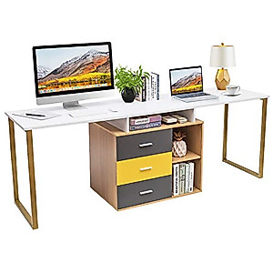 Tangkula 87 inch 2-Person Desk with 3 Storage Drawers & Shelves, Large Computer Desk, Multifunctional L-Shaped Desk Writing Desk Computer Workstation with Spacious Desktop, Home Office Desk