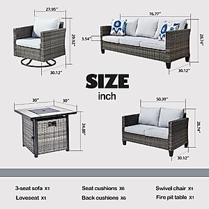 CAODOC 4 Pieces Wicker Patio Furniture Set,PE Rattan Outdoor Conversation Sofa Set with 30inch Fire Pit Table, Non-Slip Cushions and Swivel Chair(Grey)
