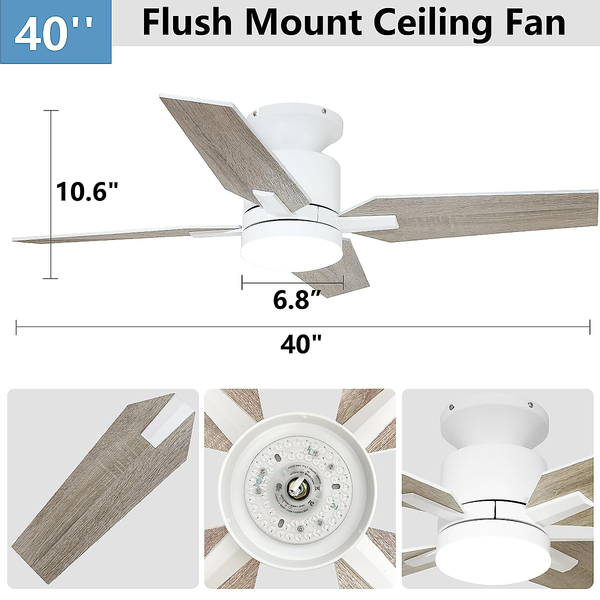 Ohniyou Ceiling Fan with Lights Flush Mount,40'' Small Ceiling Fans with Lights and Remote Control,Indoor Outdoor Quiet DC White Low Profile Ceiling Fan for Patio Kitchen Dining Room Bedroom