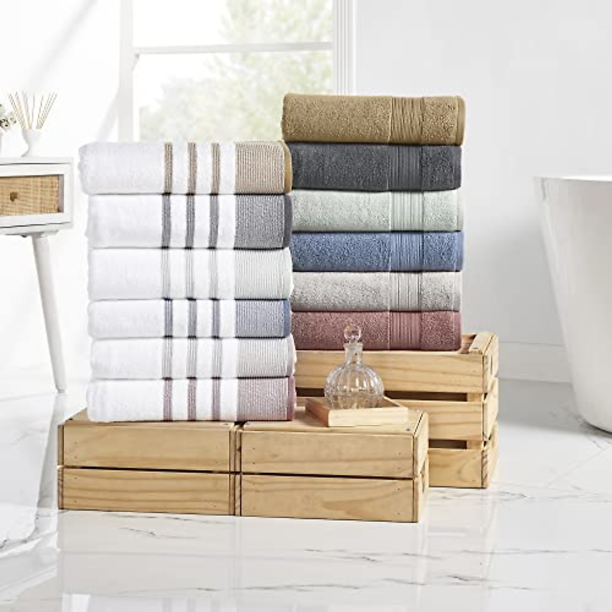 Modern Threads 6 Piece Set, 2 Bath Towels, 2 Hand Towels, 2 Washcloths, Quick Dry White/Contrast Reinhart Denim