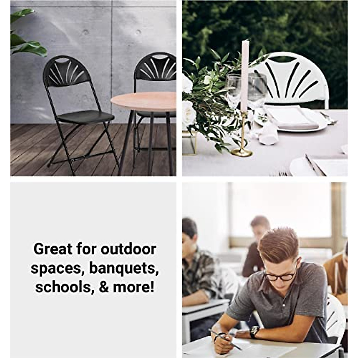 TentandTable Fan Back Heavy Duty Stackable Folding Chairs | White | 300-Pound Capacity | for Events, Banquets, Parties, and Weddings | 8 Pack