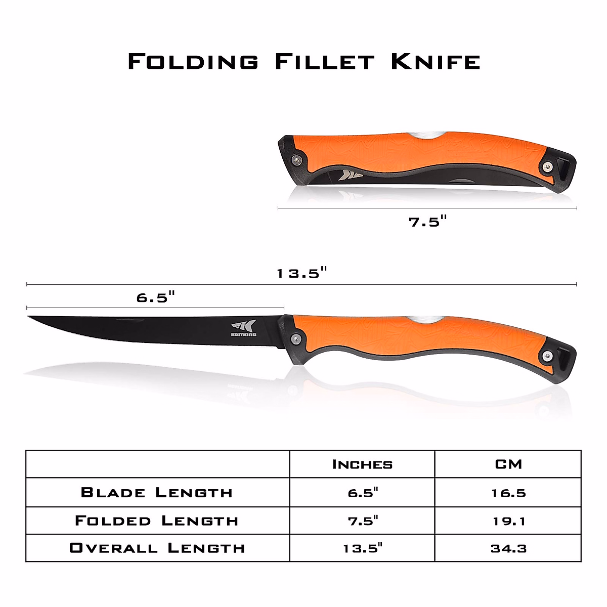 KastKing Folding Fillet/Fishing/Camping/Hunting Knife, Razor Sharp G4116 German Stainless-Steel Blade, Non-Slip Handles, 13 ½ inch overall Length, only 7 ½ inch folded, Includes Sheath