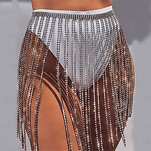 Fairyu Rhinestone Tassel Belly Waist Chains Sexy Beach Rave Body Chains Skirt Accessories for Women and Girls (Silver)