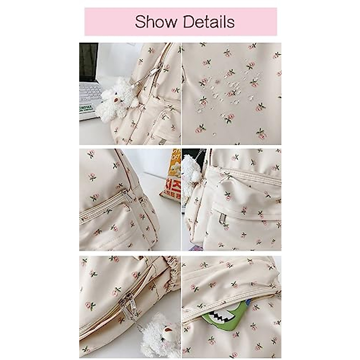 JHTPSLR Cottagecore Aesthetic Backpack with Plushies Pink Floral Preppy Backpack Flowers Backpack Cute Kawaii Backpack Book Bags (Beige)