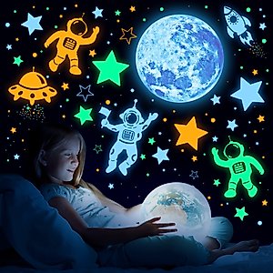 Glow in The Dark Stars,1148Pcs Colorful Glow in The Dark Moon and Stars for Ceiling Space Astronaut Wall Decals Glowing Universe Galaxy Planet Wall Stickers for Kids Bedroom Room Nursery Decor