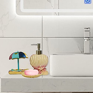 Seaside Beach Bathroom Accessories Set, Vanity Decor for Kids, Set of 5 Including with 2 Cups, 1 Toothrush Holder, 1 Soap Dispenser and 1 Soap Dish, Decorative with Starfish and Conch