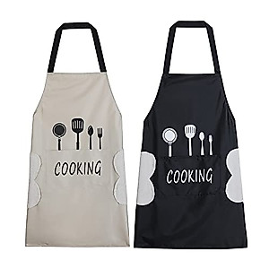 Agirlvct 2 Pack Kitchen Apron with Hand Wipe,Water-drop Resistant with 2 Pockets Cooking Bib Aprons for Mother Women Men Chef Coffee Restaurant (Black&Beige)