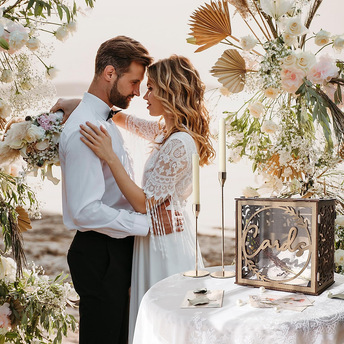 OurWarm Wedding Card Box for Wedding Reception, Wooden Wedding Card Boxes with Window, Brown Wedding Envelope Money Gift Card Box for Baby Shower Birthday Graduation Party Rustic Wedding Decorations