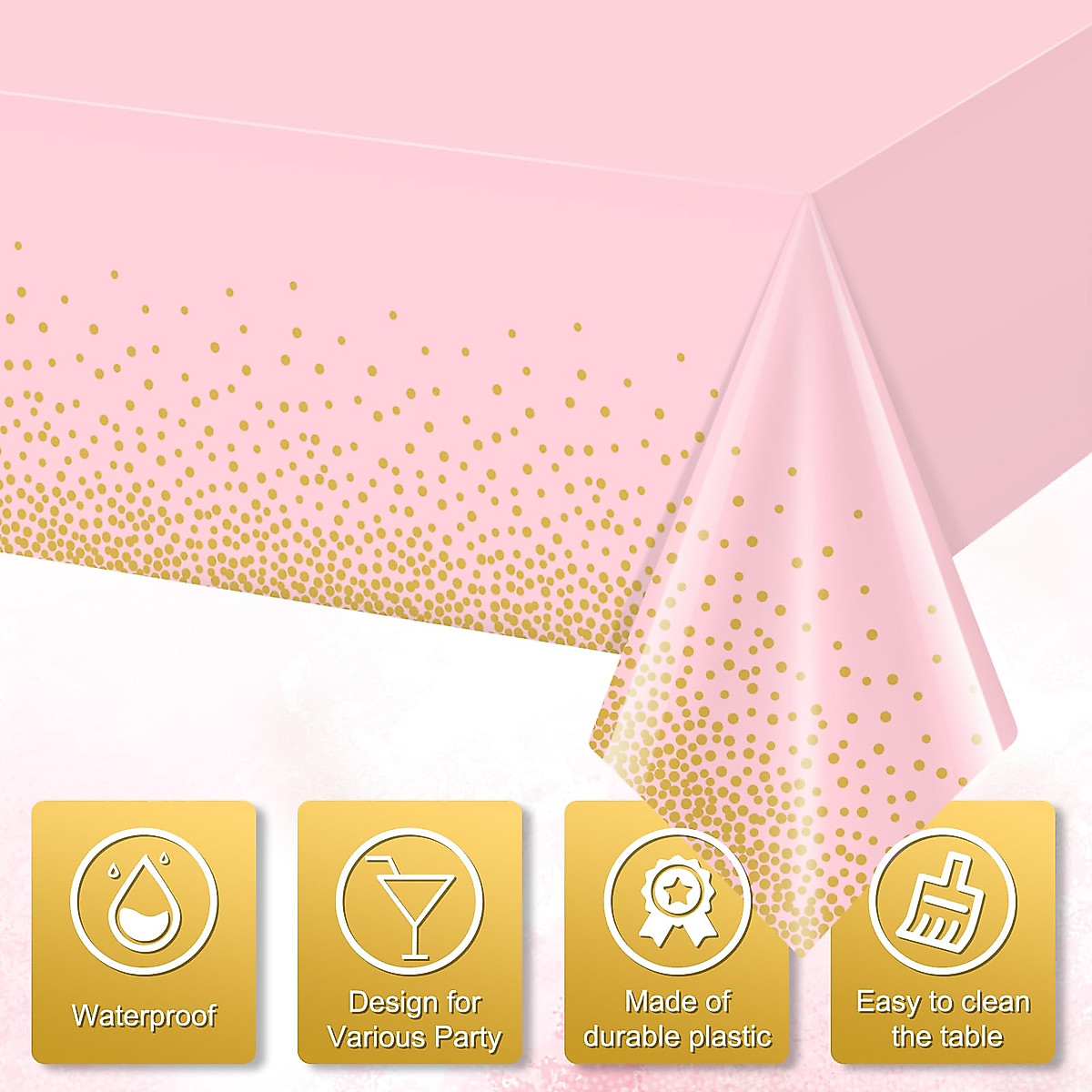 FunnyPars 4 Pack Pink and Gold Plastic Tablecloth for Parties, Disposable Table Cloth Rectangle Tables, Stamping Dot Confetti Light Birthday Wedding Baby Shower Party, 54''x108''