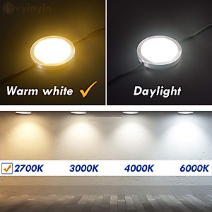 Lvyinyin Single LED Puck Light for Under Obove Cabinet Counter Bar Shelf Back Lighting, 120V Electric Direct Wall Plug in, Handy On Off Switch, Black Cables, 2 Packs, Warm White