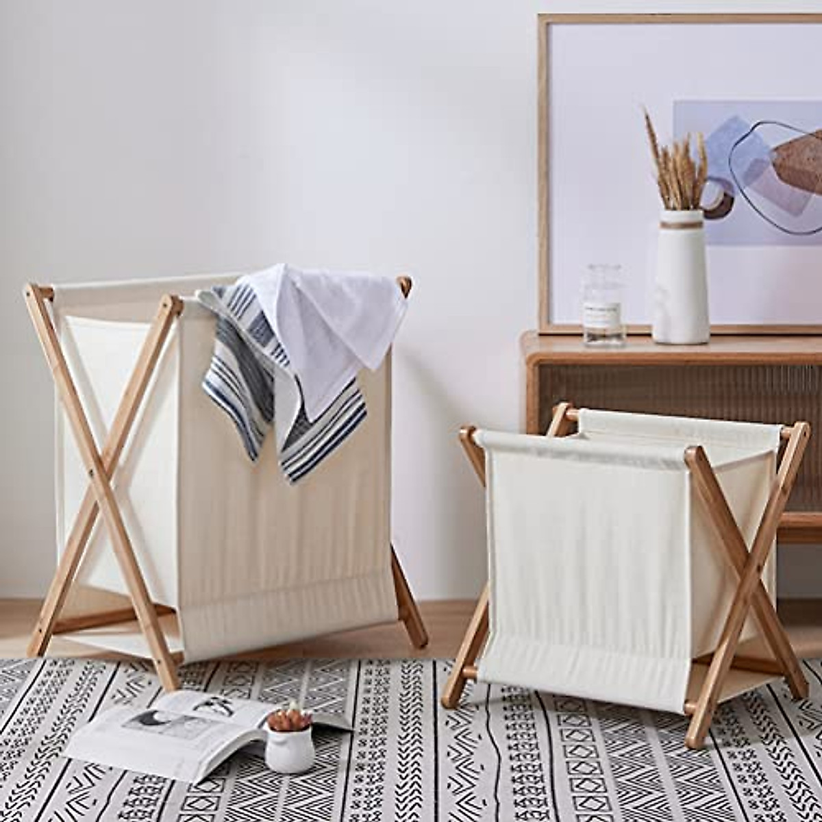 generic Laundry Basket Collapsible Bamboo Laundry Hamper with Cloth Bag - Freestanding X-Frame Clothes Hamper Organizer Household Storage Basket for Clothes Toys - Beige, 18x5x2 Inch
