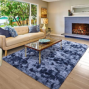 Zareas Shag Area Rugs for Living Room, 5x8 Feet Fluffy Rugs for Bedroom, Shaggy Rug for Nursery Playroom Dorm College Office, Tie Dye Blue Grey Gradient Fuzzy Carpet Plush Rug for Room Decor