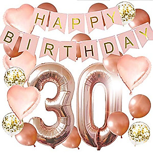 30th Birthday Decorations For Her - Birthday Decorations: 40 Inch 30th Gold Balloons, Pink and Gold Happy Birthday Decorations for Women, Happy Birthday Banner, Confetti Balloons, Rose Gold Heart Balloons (22 Pieces)