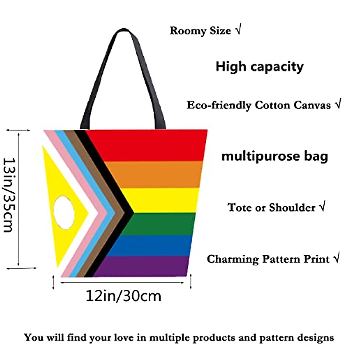 Rainbow Flag Tote Bag，Women Shoulder Bag Handbag， Intersex Inclusive Progress Pride Flag Canvas Tote Bag,Crossbody Handbag