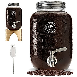 Cold Brew Coffee Maker with Stand - 1 Gallon EXTRA-THICK Glass Carafe & Stainless Steel Mesh Filter and Spigot - Premium Iced Coffee Maker, Cold Brew Pitcher & Tea Infuser
