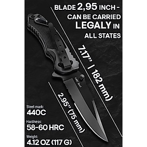 Bundle of 2 Items - 2,95” Serrated Blade Pocket Knife - Black Folding Knife with Glass Breaker and Seatbelt Cutter - Small EDC Knife - Dull Not-Sharp Blade - Skeleton Dull Trick Butterfly Knifes