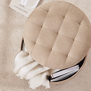 Ornavo Home Decor Round Ottoman with Storage, Round Vanity Chair Stool Ottoman Pouf with Storage for Living Room and Bedroom, Linen Beige