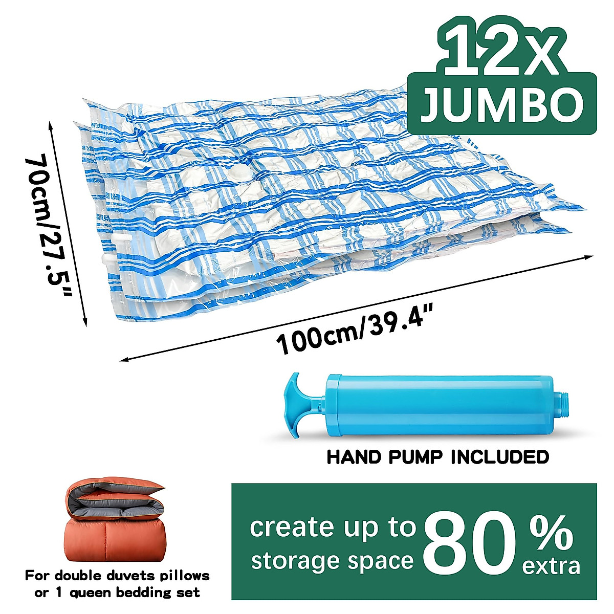12 Jumbo Vacuum Storage Bags, Space Bags Vacuum Seal Bags for Clothes, Clothing, Comforters and Blankets