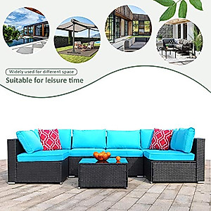 Polar Aurora 7 Pieces Outdoor Patio Sofa Set PE Rattan Wicker Sectional Furniture Outside Couch w/Blue Washable Seat Cushions & Modern Glass Coffee Table