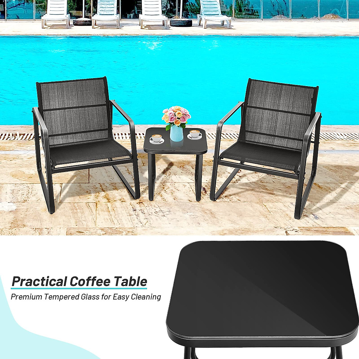 Giantex 3 Pieces Patio Bistro Set, Outdoor Dining Furniture Set with Rustproof Steel Frame, Porch Conversation Set with Glass Top Table & 2 Lawn Chairs for Garden Balcony Deck Yard, Black