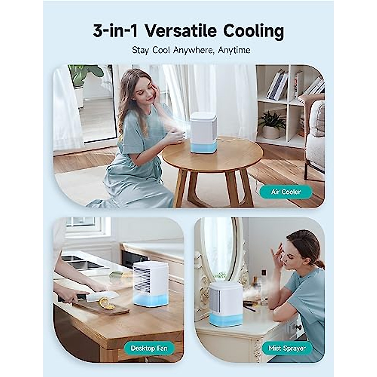 HiCOZY Air Cooler with 2 Ultrasonic Mist Levels & 3 Fan Speeds, Evaporative Air Cooler with Detachable 650ml/23oz Water Tank, 3-in-1 Portable Air Cooling Fan Humidifier for Desktop, Office and Bedroom