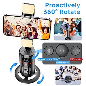 Auto Face Tracking Tripod with Rechargeable Fill Light with 6 Levels of Brightness, 360° Rotation Face Body Phone Camera Mount Gesture Control, Smart Shooting Holder for Vlog, Streaming, Video, Tiktok