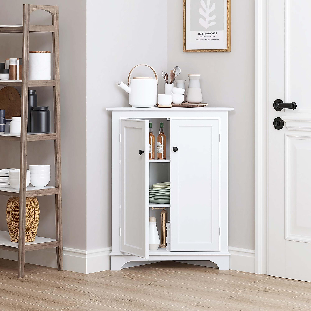 Spirich Floor Corner Cabinet with Doors and Shelves, Freestanding Bathroom Corner Storage Cabinet for Bathroom, Living Room, White