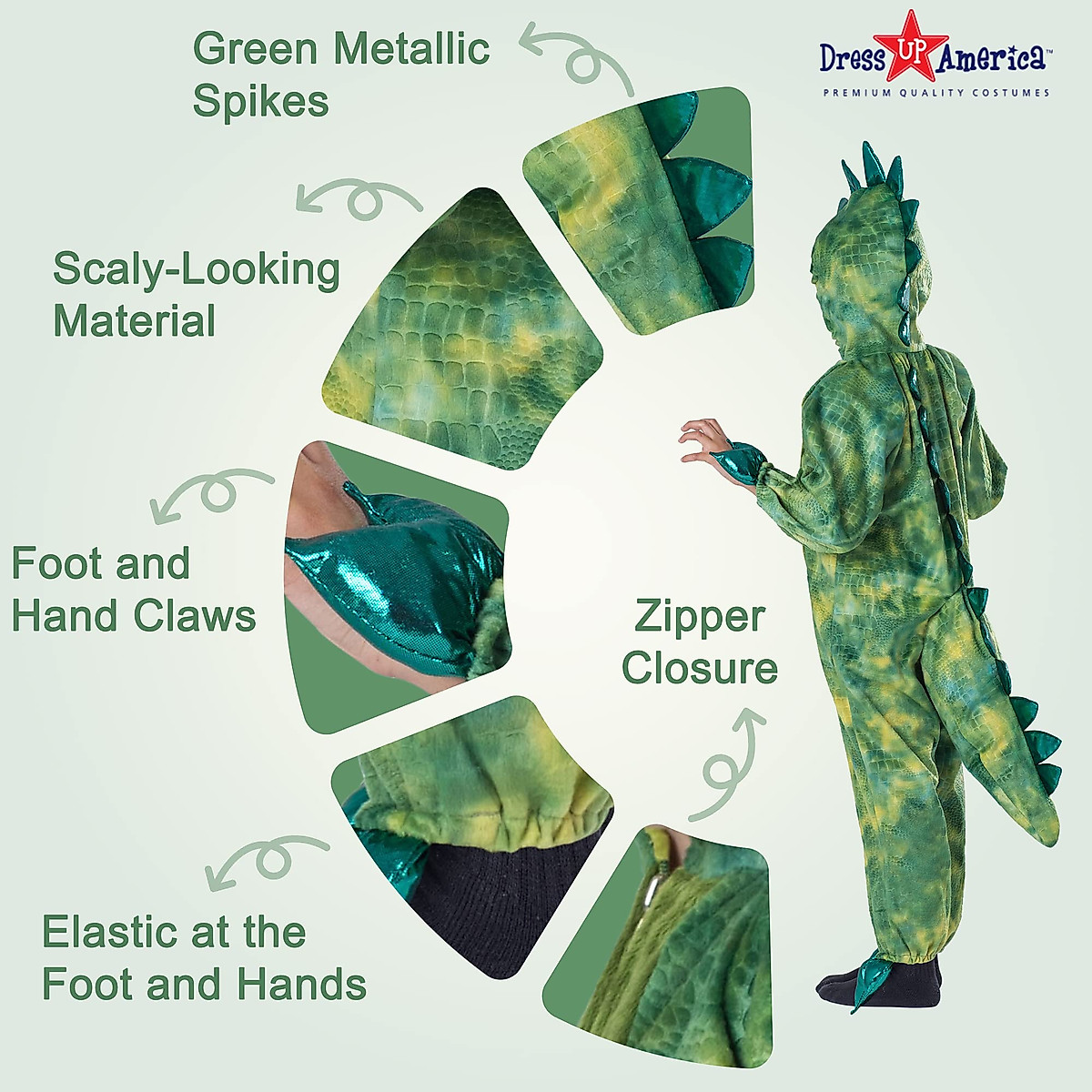 Dress Up America T-Rex Costume for Kids - Dinosaur Costume for Boys and Girls - Green Dino Jumpsuit (Small)
