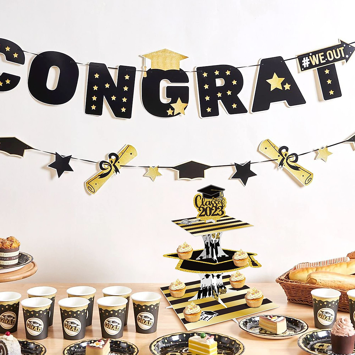 2023 Graduation Cupcake Stand for Graduation Party Decorations Supplies 3 Tier Class of 2023 Cardboard Dessert Stand for 24 Cupcake Toppers Picks