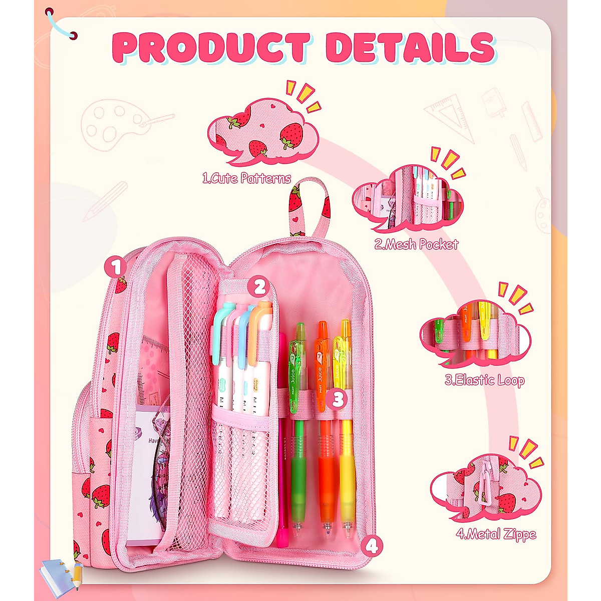 LISEVO Cute Strawberry Pencil Case,Unique Aesthetic 3D Schoolbag-Shaped Pencil Pouch for Girls Boys Kids Women,Big Capacity Pen and Pencil Stationery Organizer Bag with Zippers for School Office