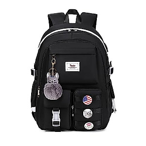 Teecho Girl School Backpack Cute Backpack Set for Women Fashion Bookbag with Pen case and Lunch Bag Black