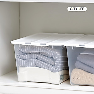 Citylife 54 Quart Stackable Storage Plastic Storage Box with Tight Locking Lid Clear Storage Box Chest, Plastic Container for Organizing Clothes in Closet, 4-Pack