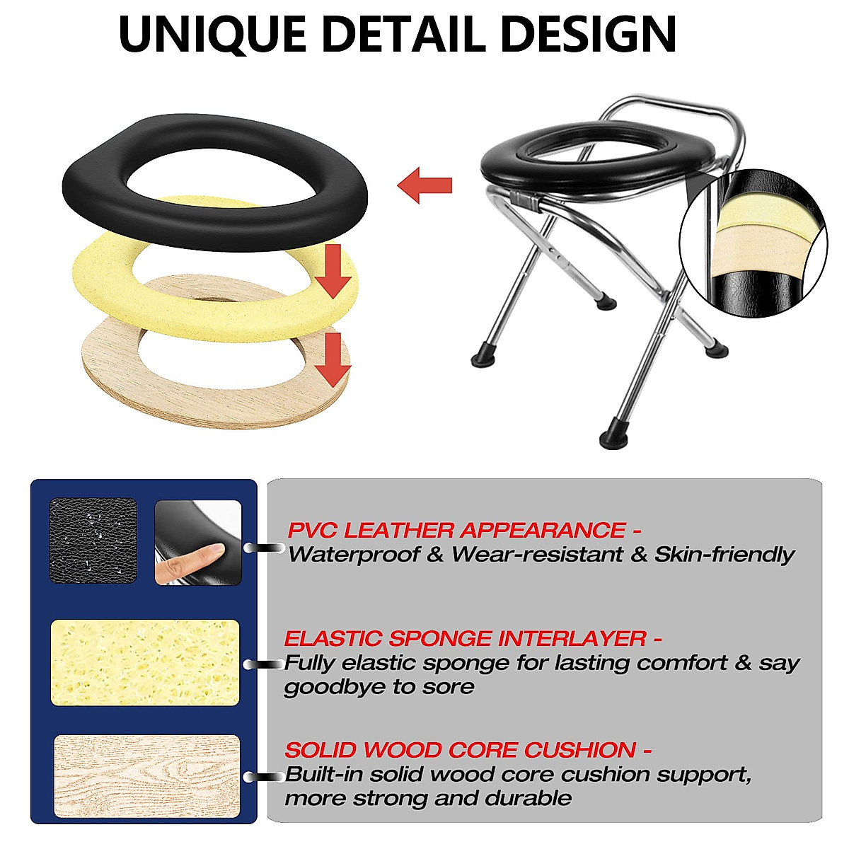 UGarden Upgraded Heavy Duty Stainless Steel Portable Toilet for Camping, Sturdy 350LBS Camp Toilet Portable, Portable Camping Toilet with Soft Seat/Toilet Bags, Black Folding Toilet for Hiking, Travel