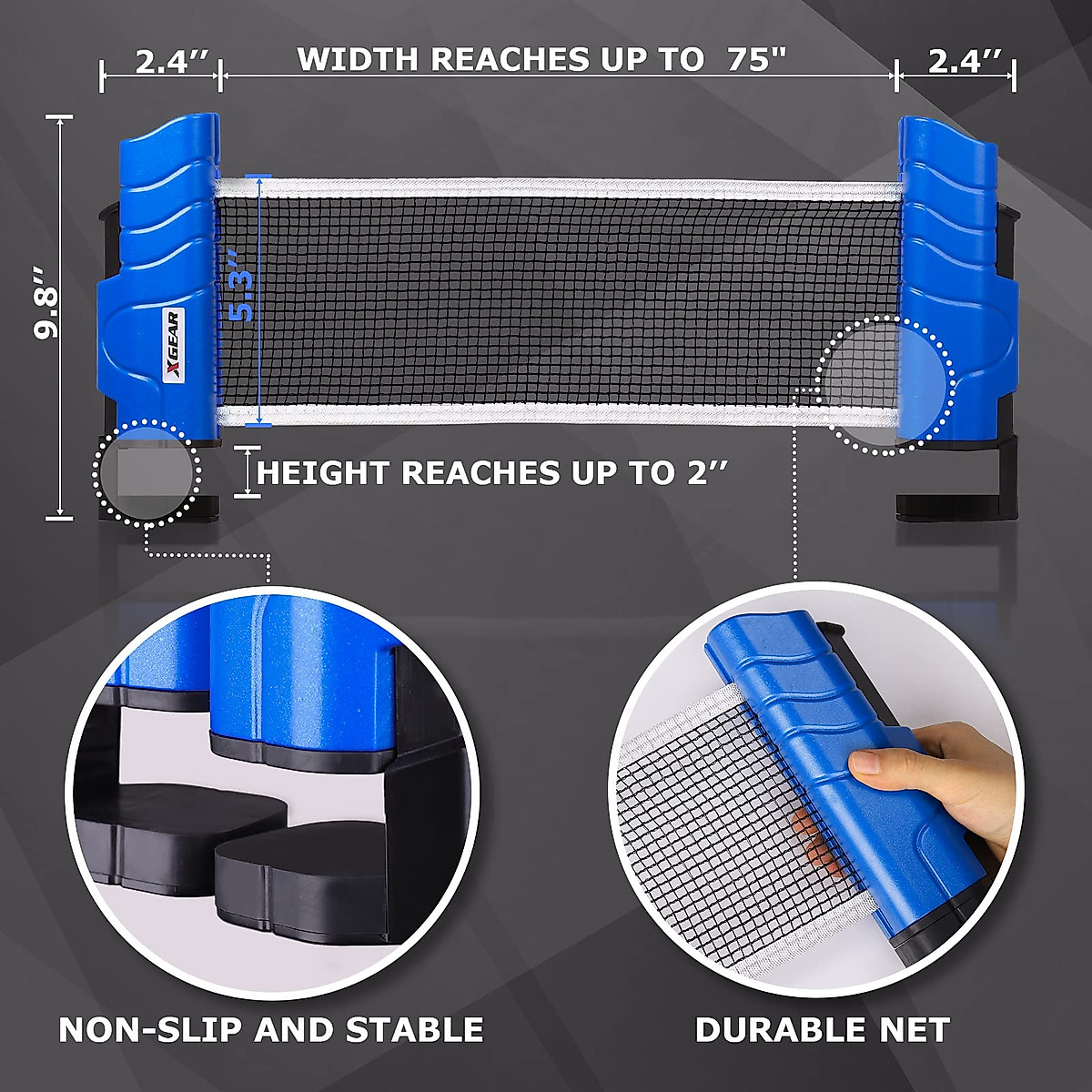 XGEAR Anywhere Ping Pong Equipment to-Go Includes Retractable Net Post, 2 Ping Pong Paddles, 3 pcs Balls, Attach to Any Table Surface, Lake Blue