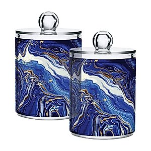 MNSRUU 2 Pack Qtip Holder Organizer Dispenser Blue Marbling Bathroom Storage Canister Cotton Ball Holder Bathroom Containers for Cotton Swabs/Pads/Floss