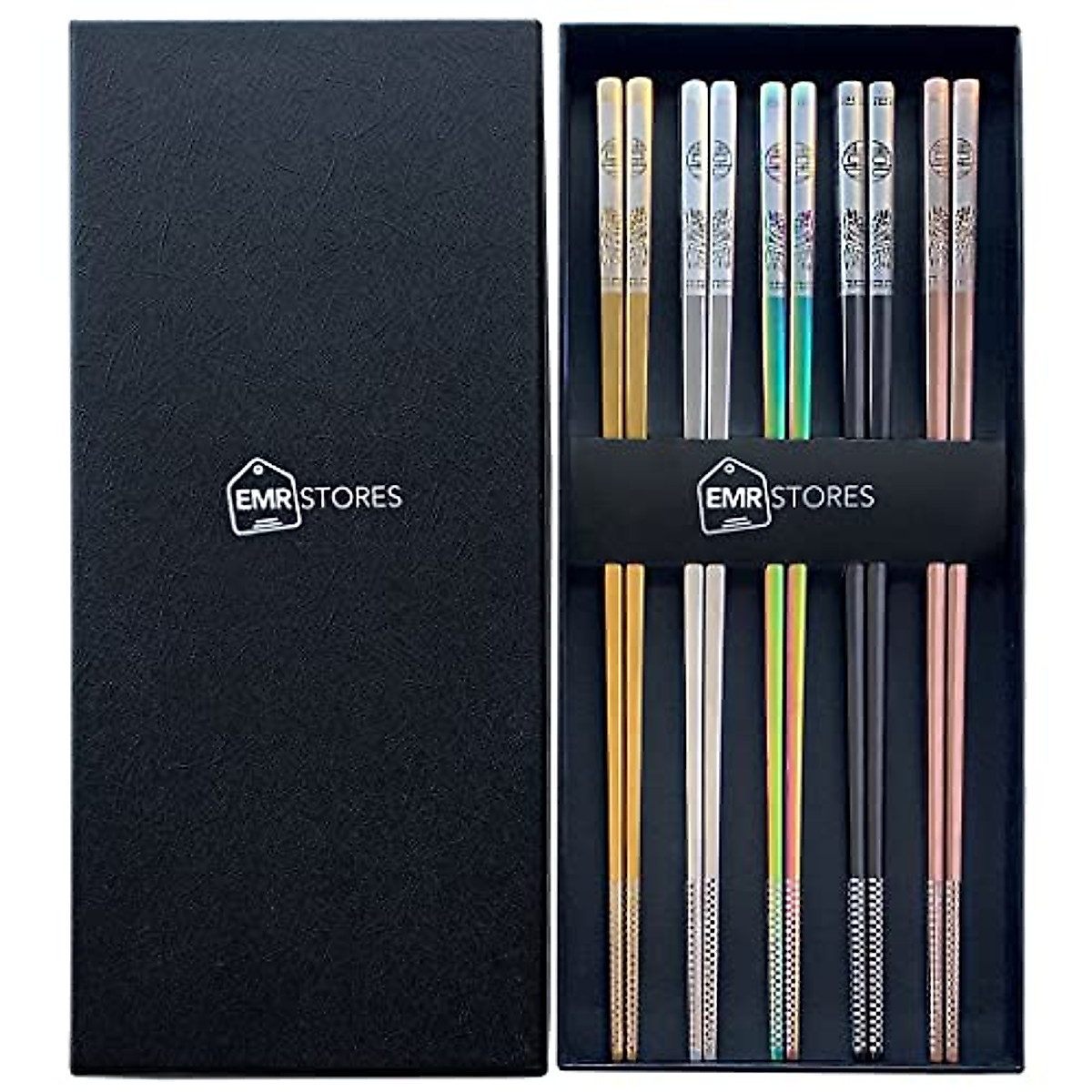 EMRSTORES Stainless Steel Chopsticks - Laser Engraved Premium Multicolor Reusable Chopsticks - 5 Pairs Dishwasher Safe Metal Chopsticks - Easy to Use - Square Lightweight Chop Sticks - Gift Set