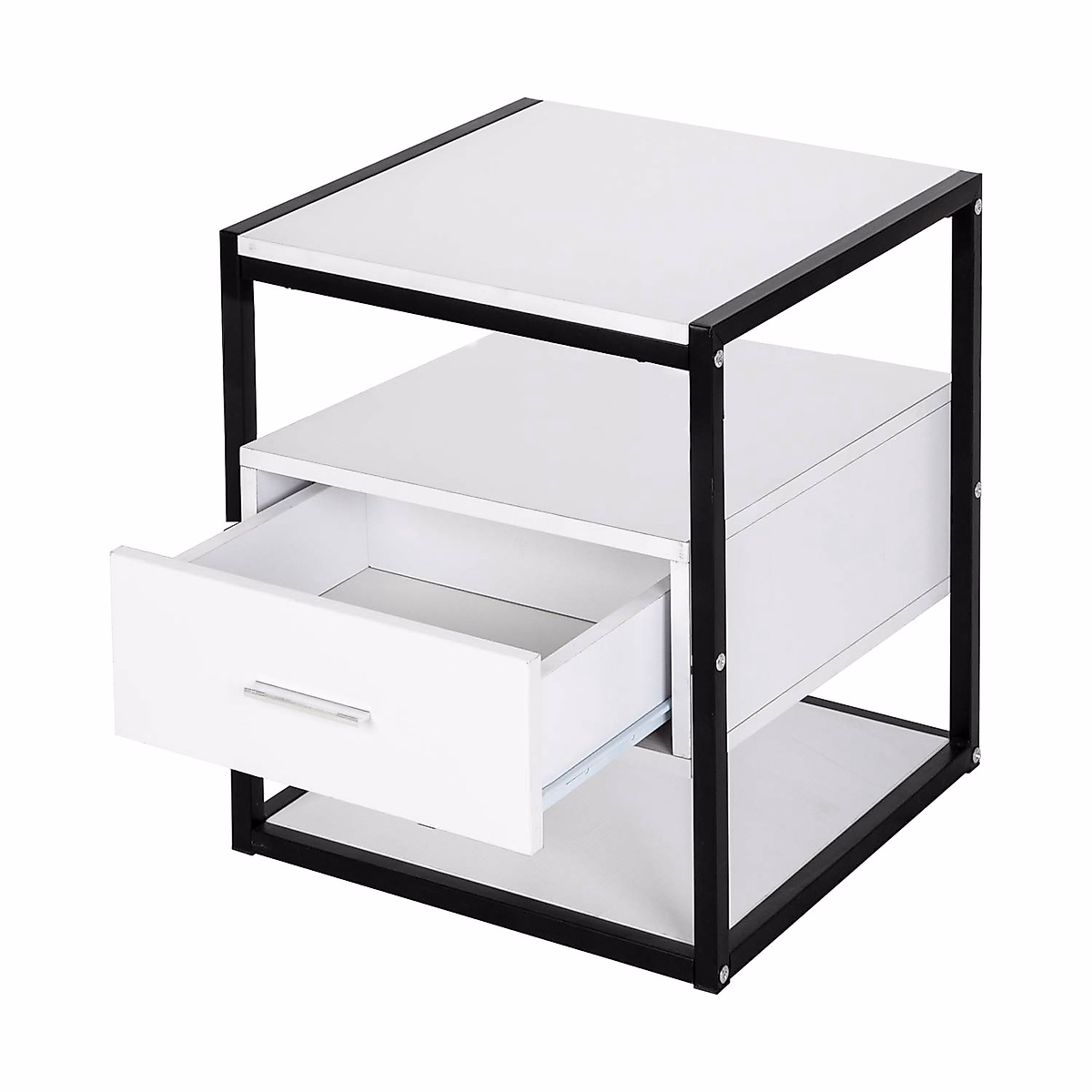 Stylish Tall Side Table - Modern Simple Style End Table with Drawer and Shelf in Black and White