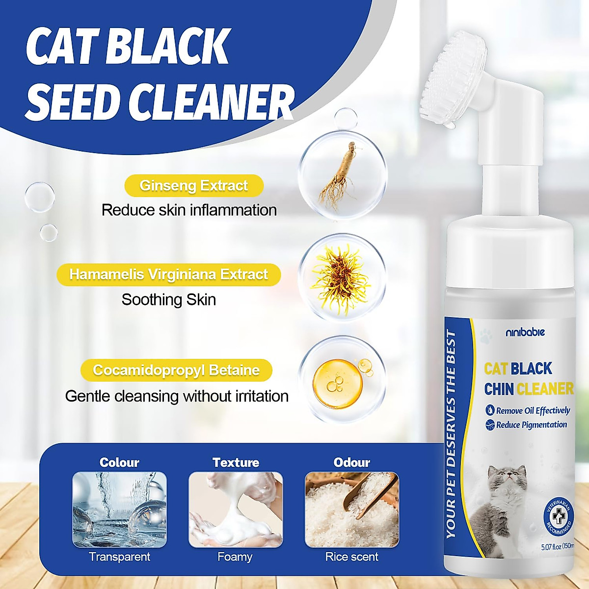 Ninibabie Cat Black Seed Cleaner,Remove Cat Chin Blackheads,Cat Acne Chin Treatment,2-in-1 Wash and Brush,Cruelty-Free and Freshness 5.07 fl.oz